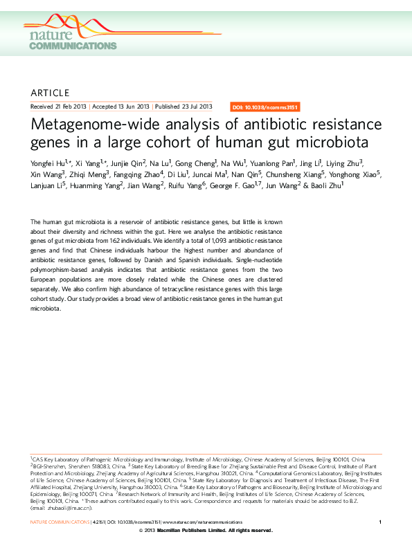 (PDF) Metagenome-wide analysis of antibiotic resistance genes in a ...