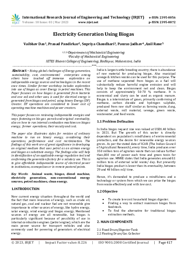 (PDF) Electricity Generation Using Biogas