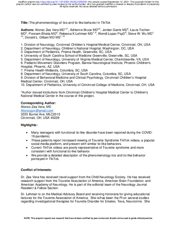 (PDF) The phenomenology of tics and tic-like behavior in TikTok