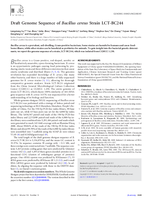 (PDF) Draft Genome Sequence of Bacillus cereus Strain LCT-BC244