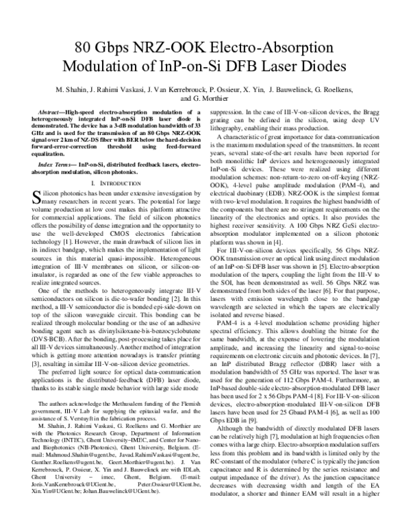 (PDF) 80-Gbps NRZ-OOK Electro-Absorption Modulation of InP-on-Si DFB ...