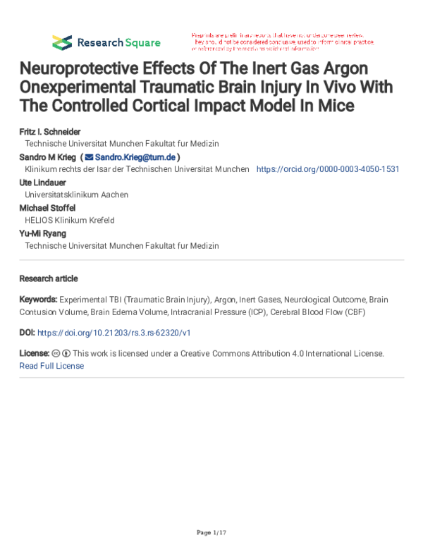 (PDF) Neuroprotective Effects Of The Inert Gas Argon Onexperimental ...