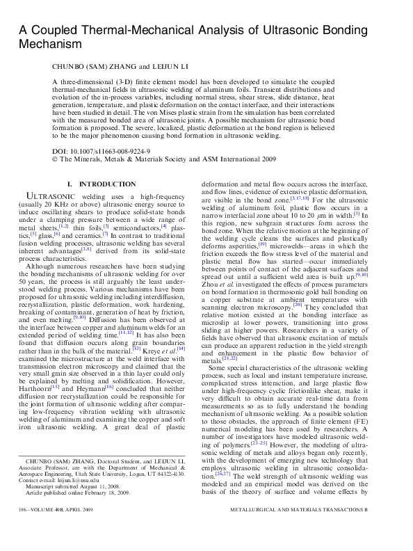 (PDF) A Coupled Thermal-Mechanical Analysis of Ultrasonic Bonding Mechanism