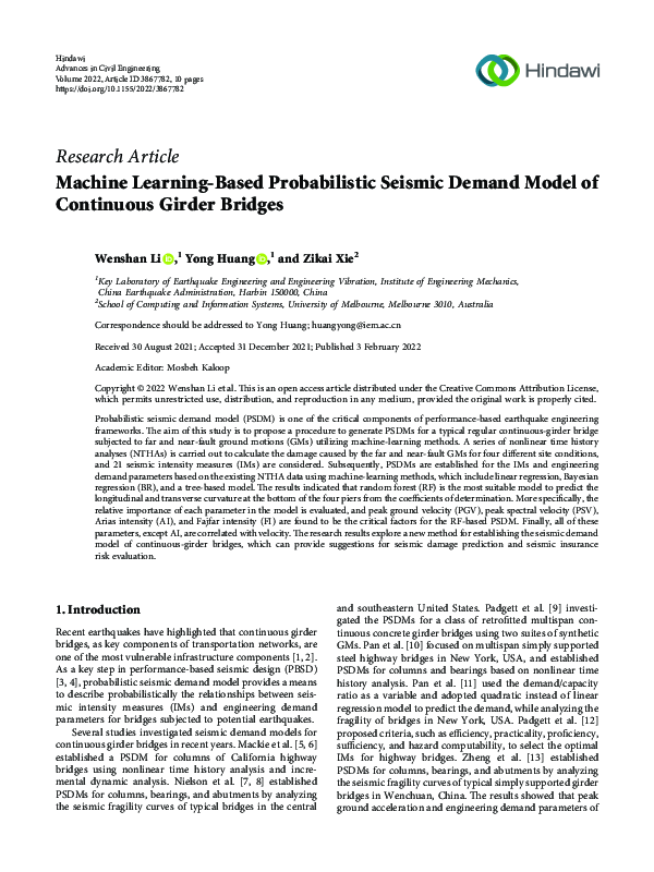 (PDF) Machine Learning-Based Probabilistic Seismic Demand Model of Continuous Girder Bridges