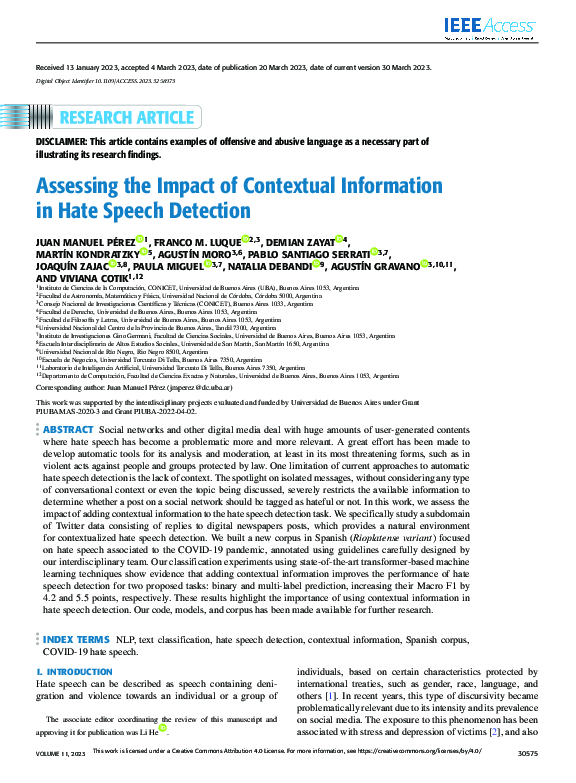 (PDF) Assessing the Impact of Contextual Information in Hate Speech Detection | Natalia Debandi ...