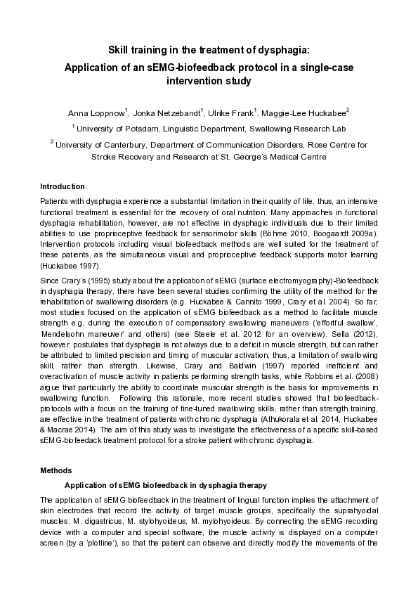 (PDF) Skill training in the treatment of dysphagia : Application of an ...