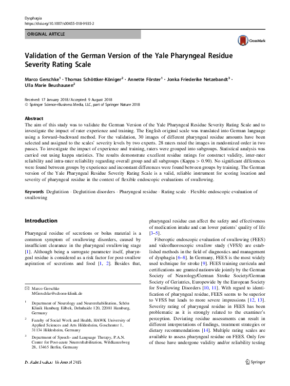 (PDF) Validation of the German Version of the Yale Pharyngeal Residue ...