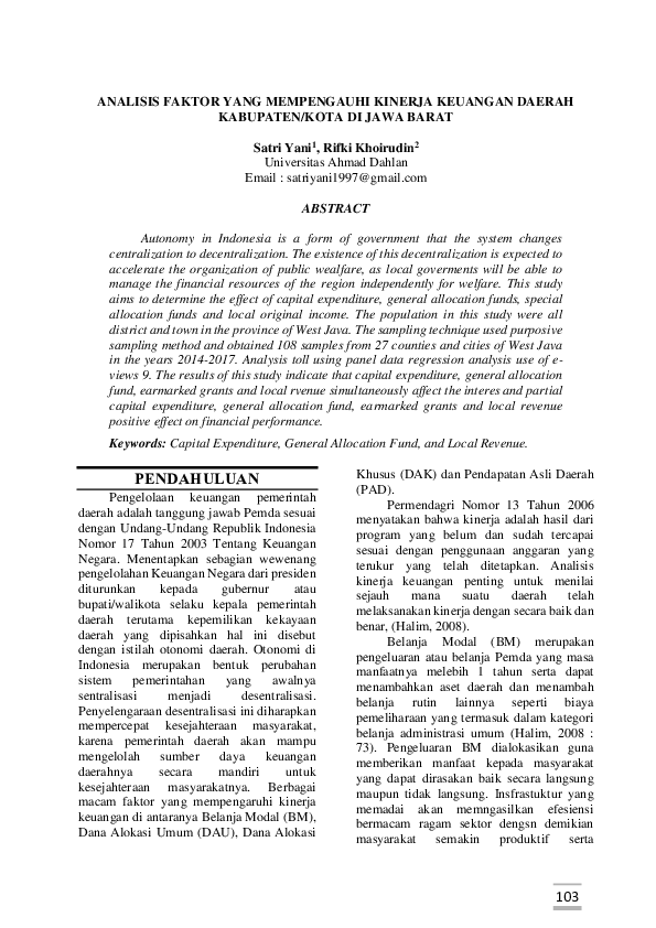 (PDF) Analisis Faktor Yang Mempengaruhi Kinerja Keuangan Daerah Kabupaten/Kota DI Jawa Barat