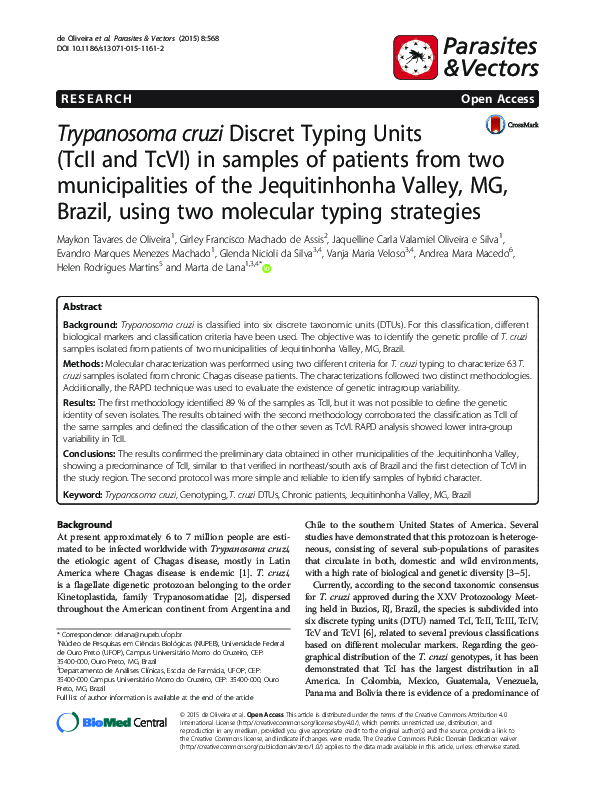 Pdf Trypanosoma Cruzi Discret Typing Units Tcii And Tcvi In Samples