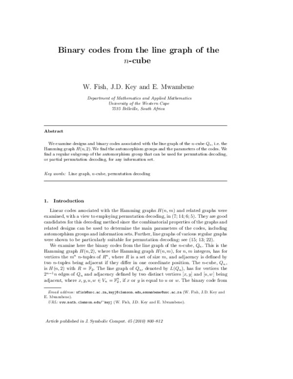 (PDF) Binary codes from the line graph of the n-cube