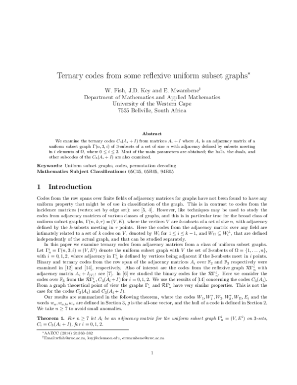 Pdf Ternary Codes From Some Reflexive Uniform Subset Graphs