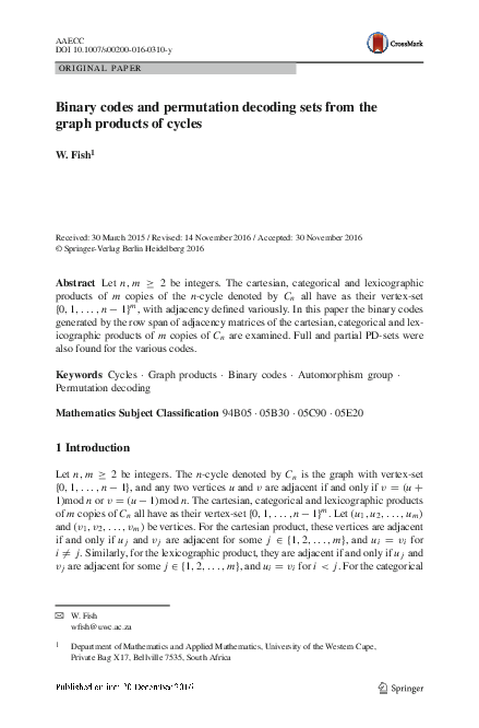 (PDF) Binary codes and permutation decoding sets from the graph products of cycles