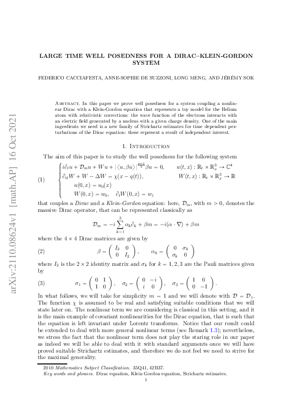 (PDF) Large time well posedness for a Dirac--Klein-Gordon system