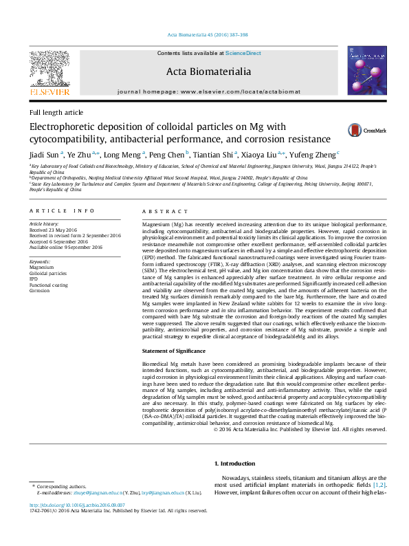 (PDF) Electrophoretic deposition of colloidal particles on Mg with ...
