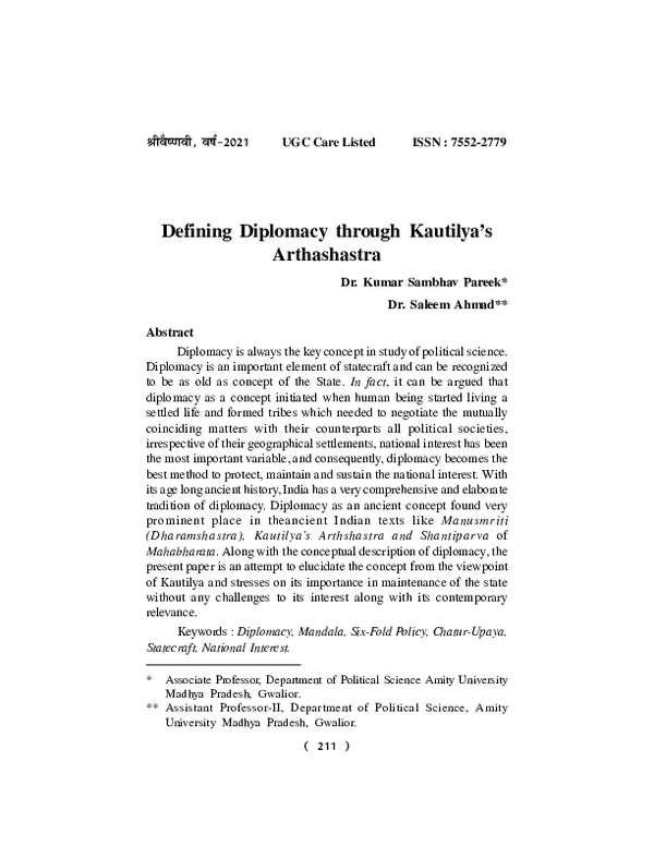 (PDF) Defining Diplomacy through Kautilya's Arthashastra