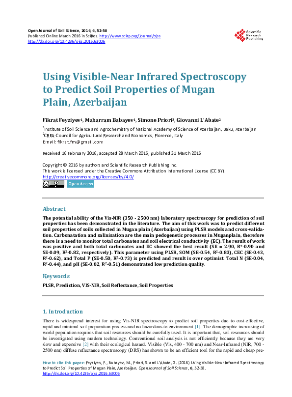 (PDF) Using Visible-Near Infrared Spectroscopy to Predict Soil Properties of Mugan Plain, Azerbaijan