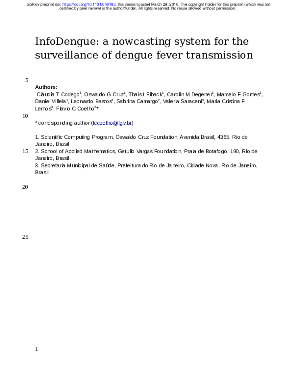 (PDF) InfoDengue: a nowcasting system for the surveillance of dengue ...