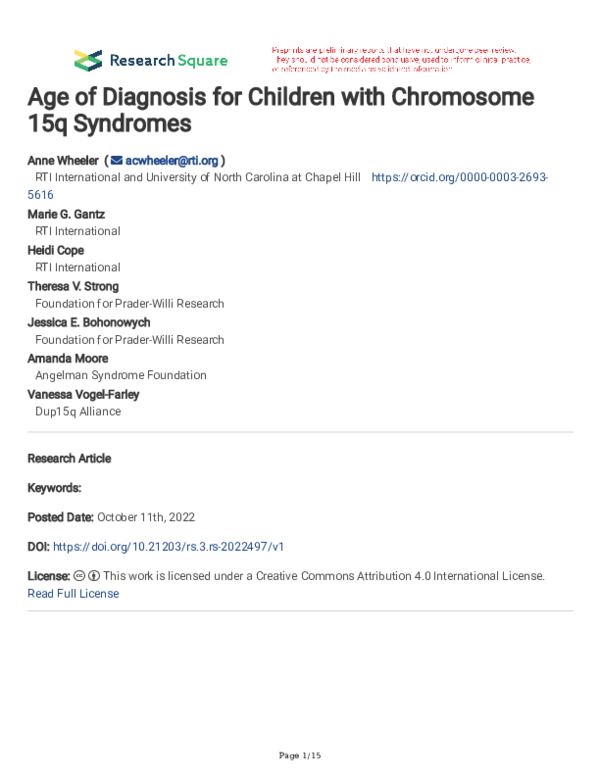 (PDF) Age of Diagnosis for Children with Chromosome 15q Syndromes