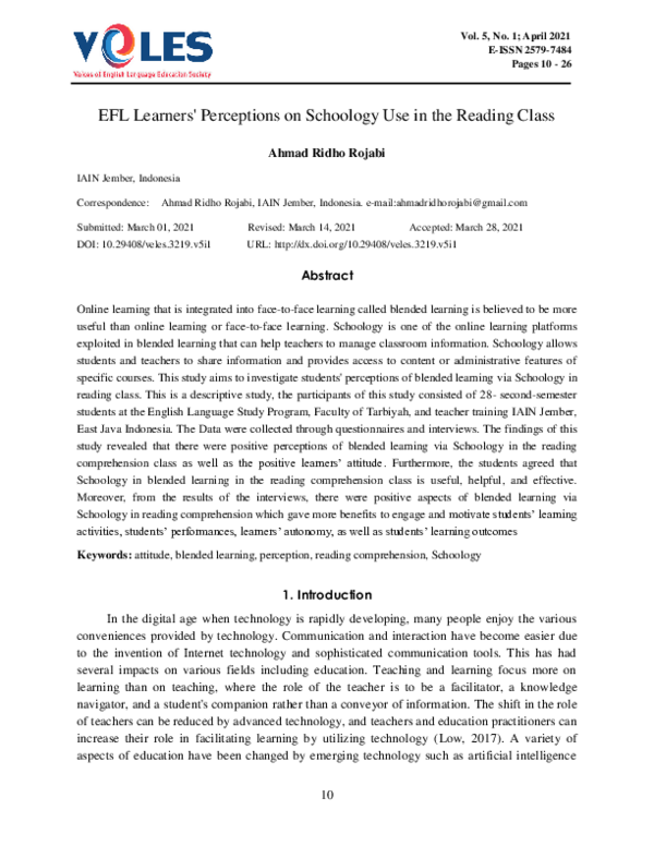(PDF) EFL Learners' Perceptions on Schoology Use in the Reading Class
