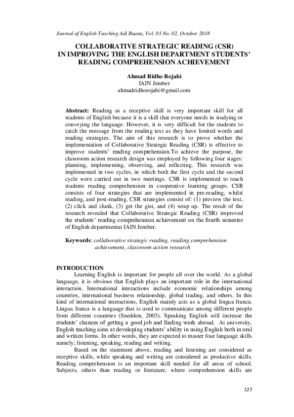 (PDF) Collaborative Strategic Reading (CSR) in Improving the English ...