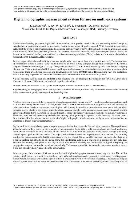 (PDF) Digital holographic measurement system for use on multi-axis systems