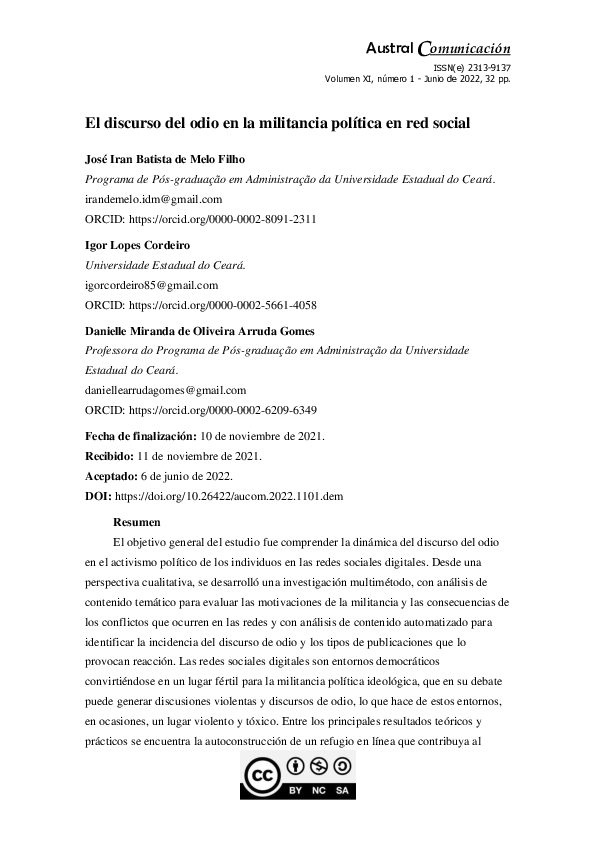 (PDF) El discurso del odio en la militancia política en red social