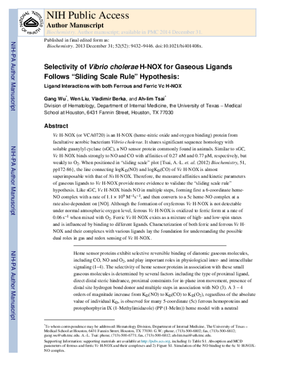 (PDF) The Selectivity of Vibrio cholerae H-NOX for Gaseous Ligands ...