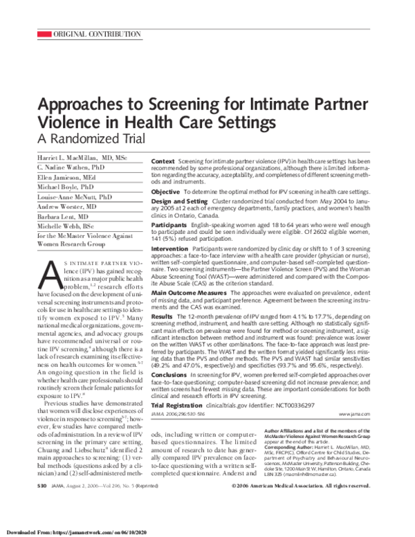 (PDF) Approaches to Screening for Intimate Partner Violence in Health ...