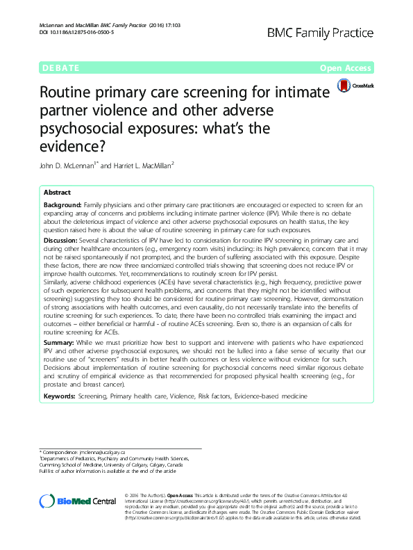 (PDF) Routine primary care screening for intimate partner violence and ...