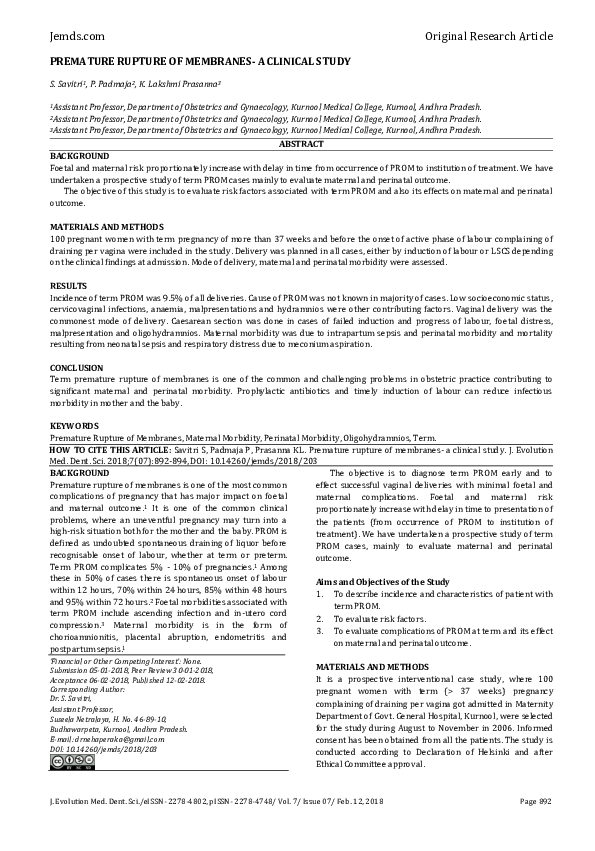 (PDF) Premature Rupture of Membranes- a Clinical Study
