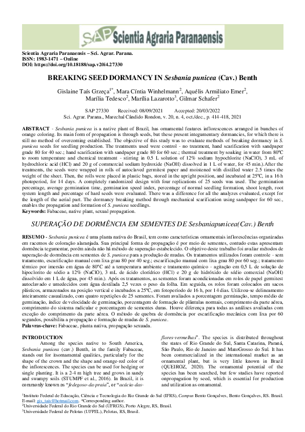 (PDF) BREAKING SEED DORMANCY IN Sesbania punicea (Cav.) Benth