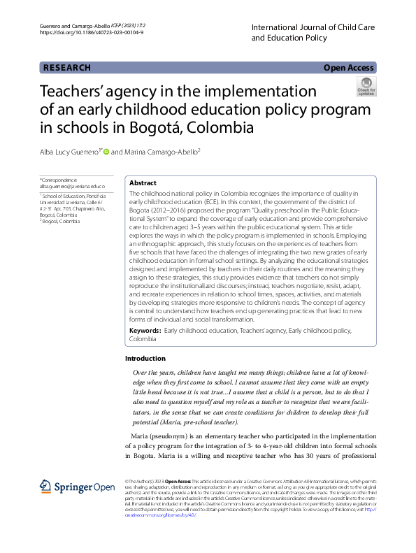 (PDF) Teachers’ agency in the implementation of an early childhood ...