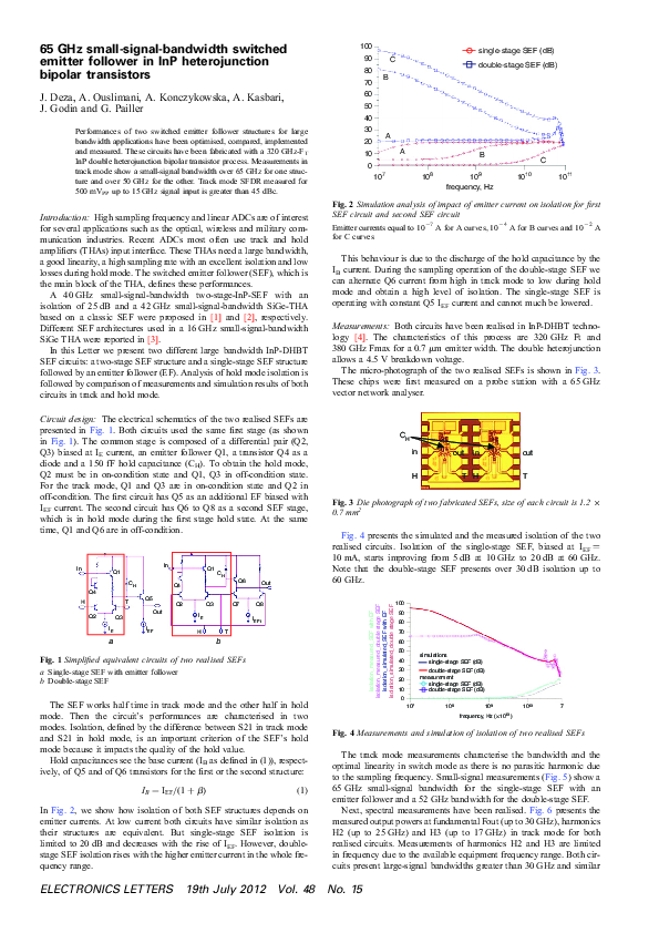 (PDF) 65 GHz small-signal-bandwidth switched emitter follower in InP ...
