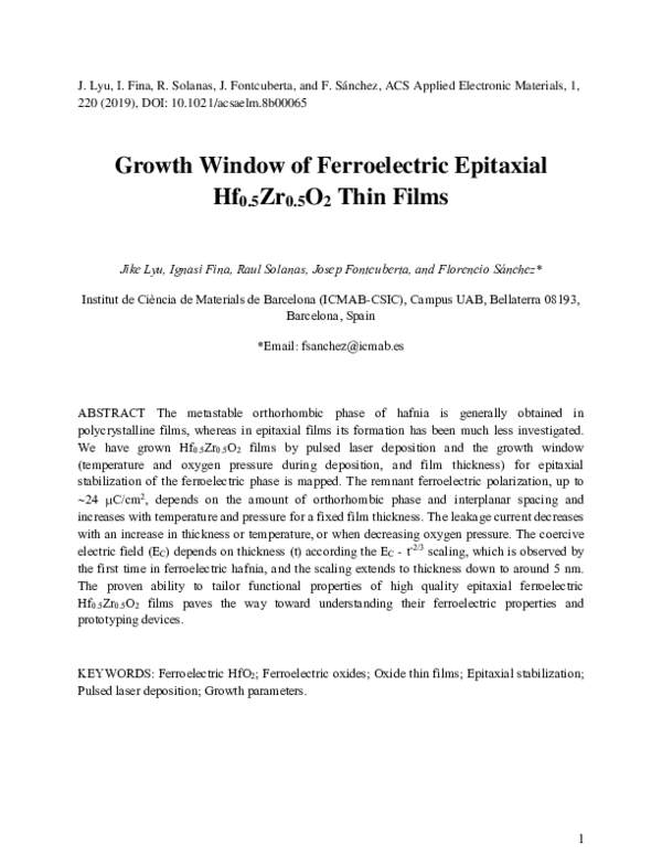 (PDF) Growth Window of Ferroelectric Epitaxial Hf0.5Zr0.5O2 Thin Films | Josep Fontcuberta ...