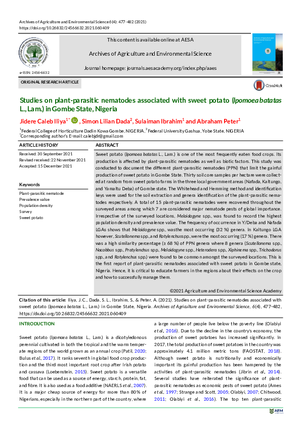 (PDF) Studies on plant-parasitic nematodes associated with sweet potato (Ipomoea batatas L., Lam ...