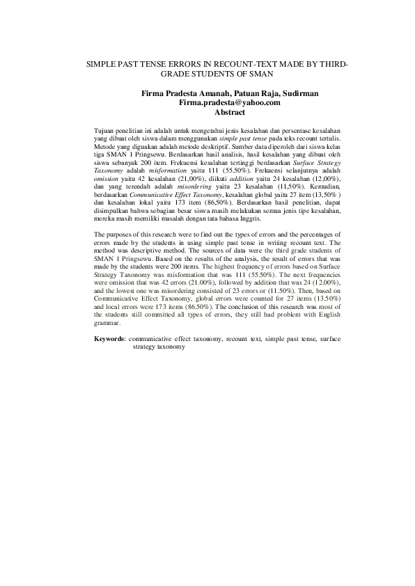 (PDF) Simple Past Tense Errors in Recount-text Made by Third- Grade ...