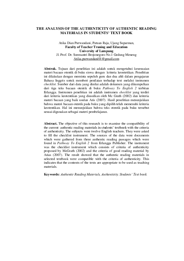 (PDF) The Analysis of the Authenticity of Authentic Reading Materials ...