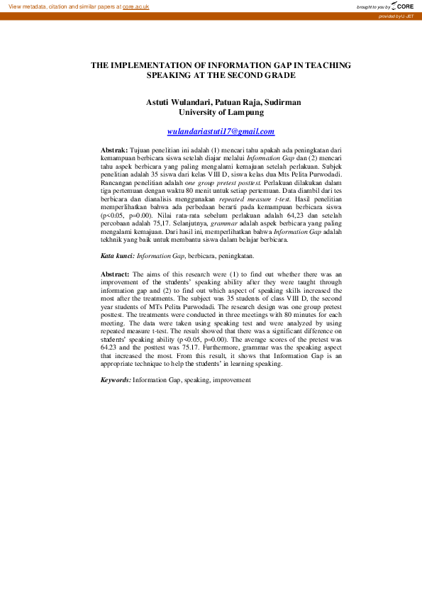 (PDF) The implementation of information gap in teaching speaking at the ...