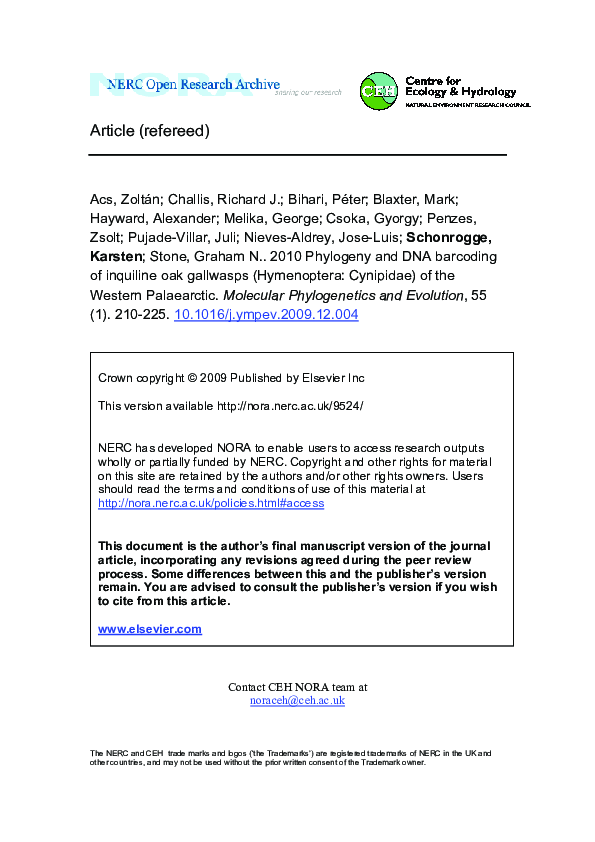 (PDF) Phylogeny and DNA barcoding of inquiline oak gallwasps ...