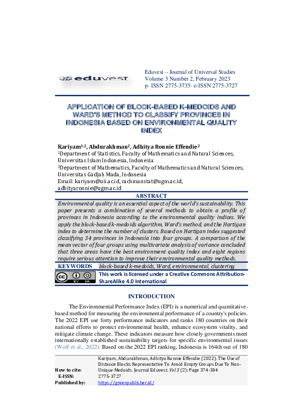 Pdf Application Of Block Based K Medoids And Wards Method To Classify Provinces In Indonesia