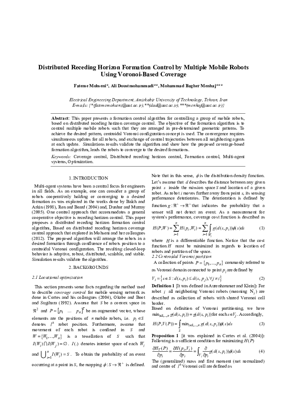 Pdf Distributed Receding Horizon Formation Control By Multiple Mobile Robots Using Voronoi