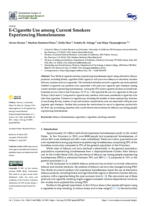(PDF) E-Cigarette Use among Current Smokers Experiencing Homelessness