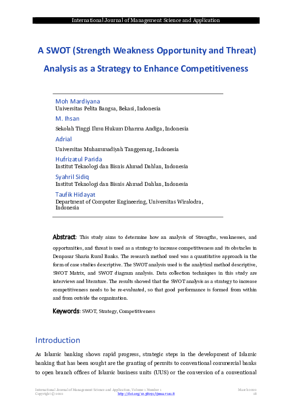 (PDF) A SWOT (Strength Weakness Opportunity and Threat) Analysis as a ...