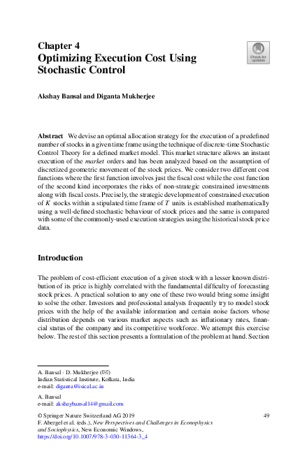 (PDF) Optimizing Execution Cost Using Stochastic Control
