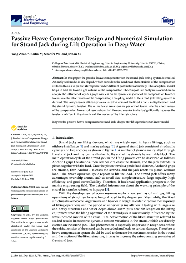 Pdf Passive Heave Compensator Design And Numerical Simulation For Strand Jack During Lift