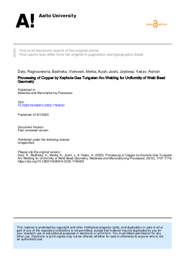 Pdf Processing Of Copper By Keyhole Gas Tungsten Arc Welding For Uniformity Of Weld Bead Geometry