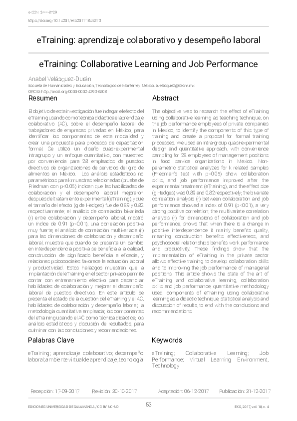 (PDF) eTraining: aprendizaje colaborativo y desempeño laboral