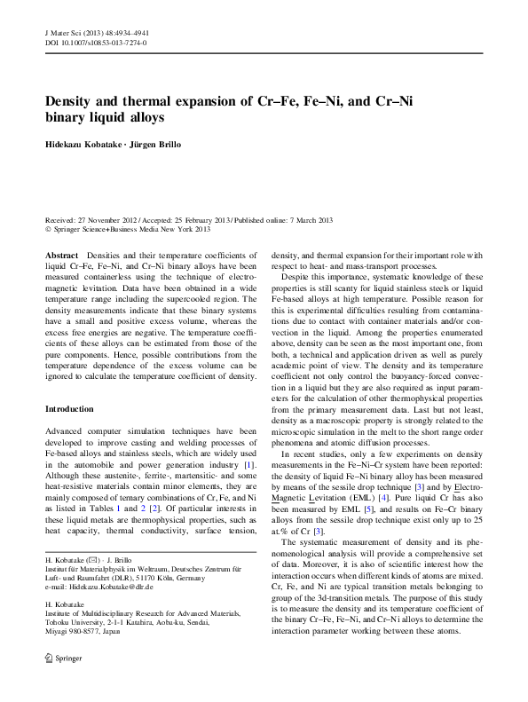 (PDF) Density and thermal expansion of Cr–Fe, Fe–Ni, and Cr–Ni binary liquid alloys