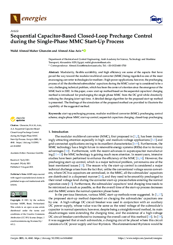 (PDF) Sequential Capacitor-Based Closed-Loop Precharge Control during the Single-Phase MMC Start ...