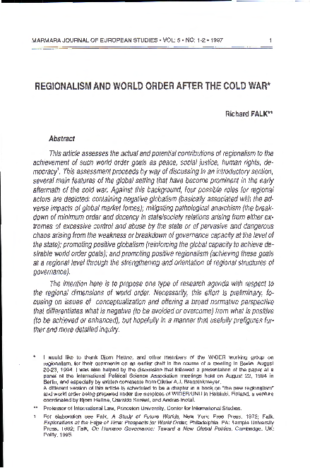 (PDF) Regionalism and world order after the cold war